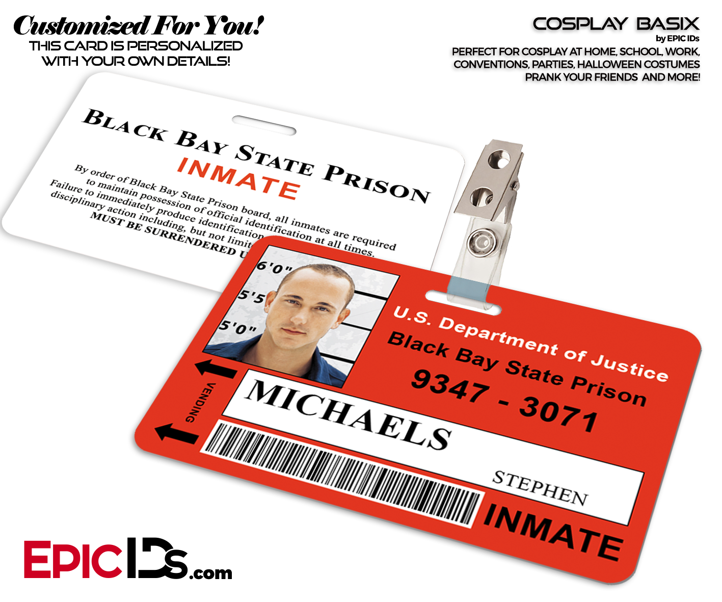 Prison Inmate Cosplay ID Badge || Photo Personalized || - Epic IDs